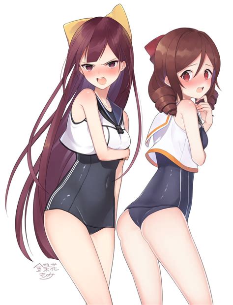 艦これ「お題箱から 伊14の水着を着た春風、ろーちゃんコスの神風 艦これ 神風 春」金染花もみのイラスト