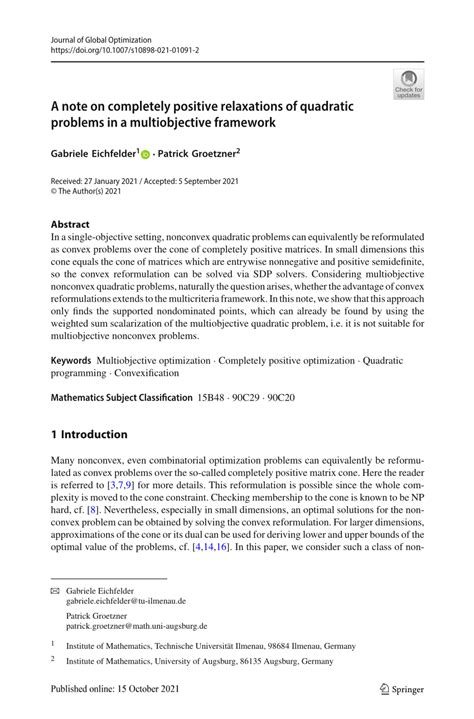 Pdf A Note On Completely Positive Relaxations Of Quadratic Problems In A Multiobjective Framework