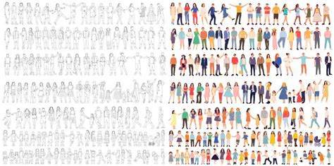 사람들의 집합 스케치 연속 선 그리기 벡터 프리미엄 벡터