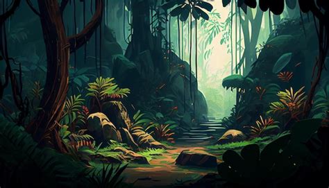 モバイルゲーム向けの深いジャングルの森 2d 背景環境 高品質の水平背景風景 ゲーム テンプレート デザインの場所 ジェネレーティブ Ai