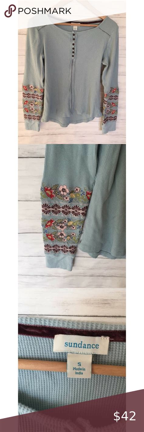 Sundance Blue Embroidered Sleeve Henley Cotton Top S Plus Fashion
