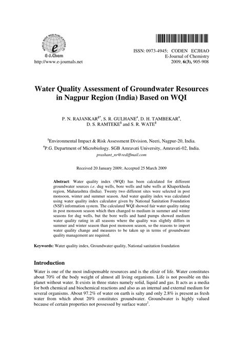 Pdf Water Quality Assessment Of Groundwater Resources In Nagpur