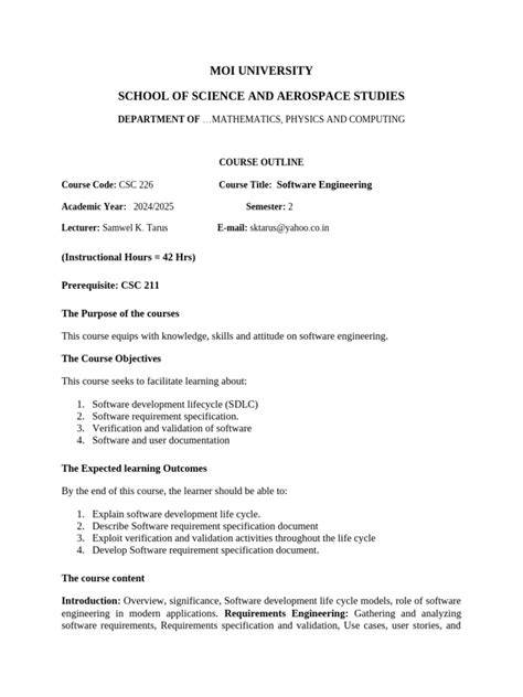 Csc 226 Software Engineering Course Outline Pdf Software Development Process Software