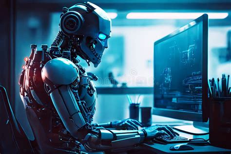 Robot Working In The Office At The Computer Chat Bot Stock Illustration Illustration Of