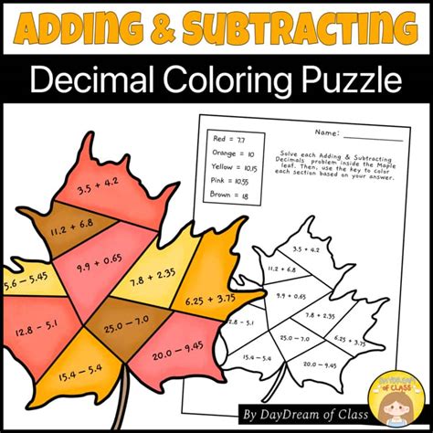 Adding And Subtracting Decimals Maple Leaf Coloring Puzzle Fall Activity