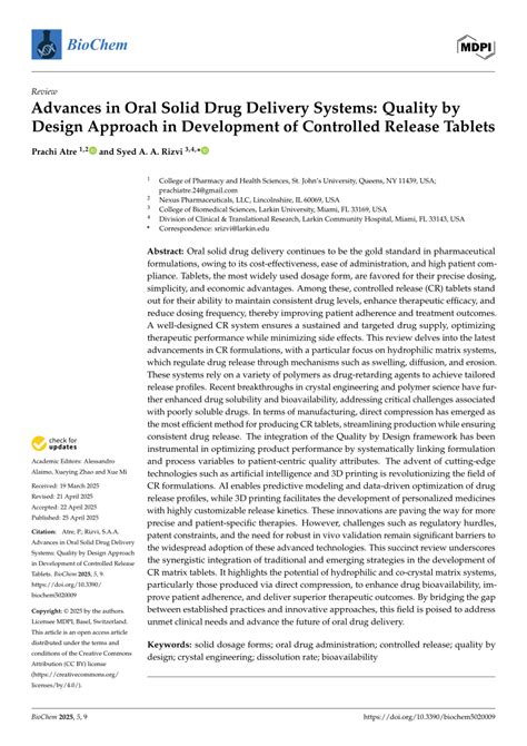 Pdf Advances In Oral Solid Drug Delivery Systems Quality By Design Approach In Development Of