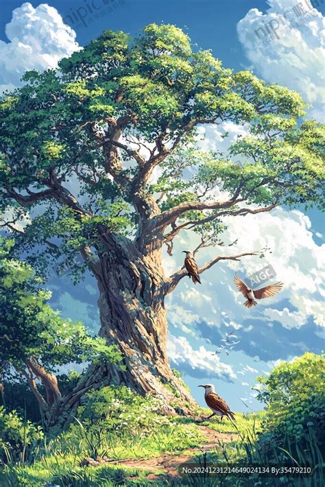 Ai创作图新海诚动漫风装饰画 动漫场景插画 插画唯美风景 新海诚风格插画 仙境古树插画 插画风景画 新海诚动漫风 新海诚动漫风格 夏天大树乘凉 大树下小鸟 大树风景画 唯美诗意自然风景漫画