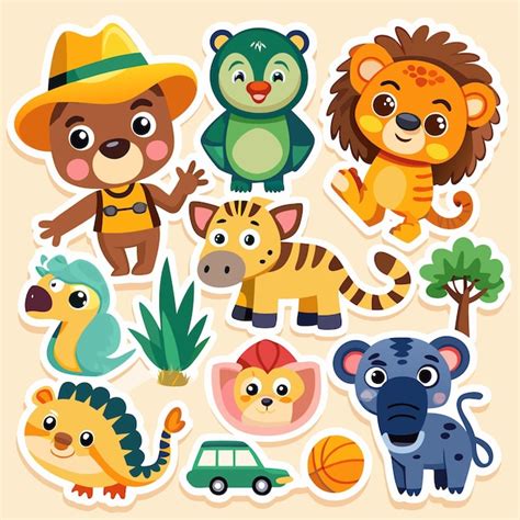 Cute Animal Stickers With A Variety Of Animals Like A Bear Wearing A