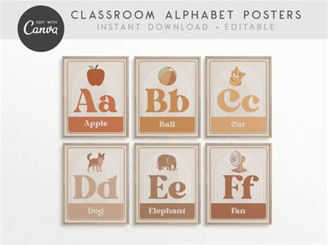 Alphabet Classroom Editable Posters Letter Printables Boho Etsy