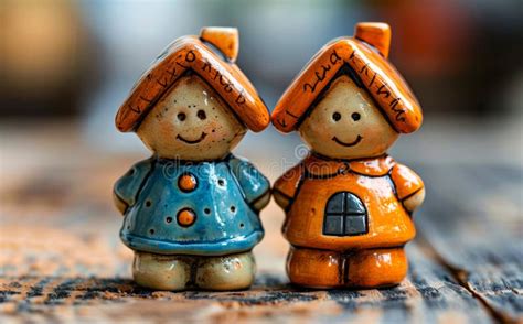Two Ceramic Dolls Are Standing Next To Each Other On Wooden Table