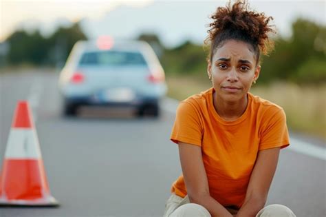 Woman Stranded On Roadside With Broken Down Car Premium AI Generated Image