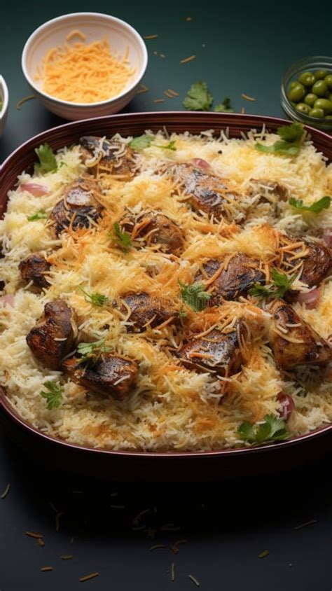 Aromatic Feast Mutton Biryani Presented Enticingly On A Table Stock