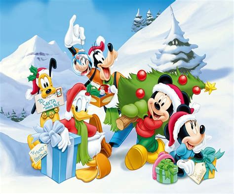 Mickey Mouse And Friends With Christmas Tree In The Snow