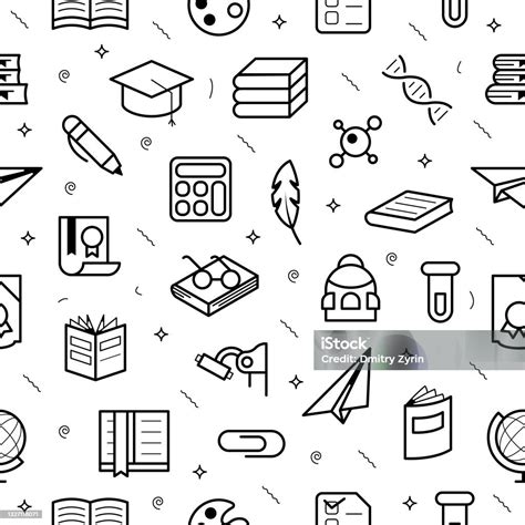 원활한 패턴 요소 손 그린 컬렉션 대학 연구 벡터 디자인 스타일 배경 성적 교육 학습 플라스크 현미경 펜 책 깃털 비행기 미생물 글로브 일러스트 아이콘 가위에 대한 스톡