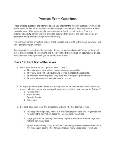 Practice Exam Questions For Class 12 Evolution Of The Sexes Practice Exam Questions These