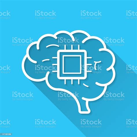 뇌 칩 임플란트 파란색 배경에 아이콘 긴 그림자가 있는 평면 디자인 3차원 형태에 대한 스톡 벡터 아트 및 기타 이미지 3차원 형태 Brain Computer