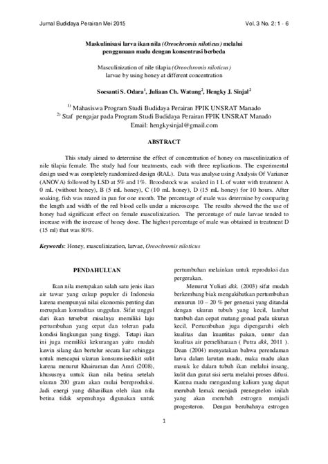 Pdf Maskulinisasi Larva Ikan Nila Oreochromis Niloticus Melalui