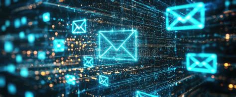 Abstract Digital Visualization Of Glowing Blue Email Icons Flowing