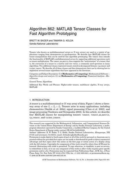Matlab Tensor Class Brett W Bader And Tamara G Kolda Pdf Tensor Matrix Mathematics