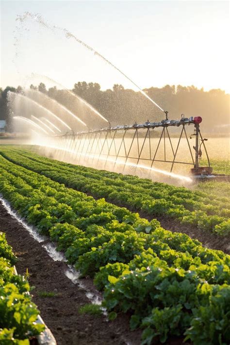Modern Irrigation System Watering A Farm Field Of Vegetables In Sunlight Stock Illustration