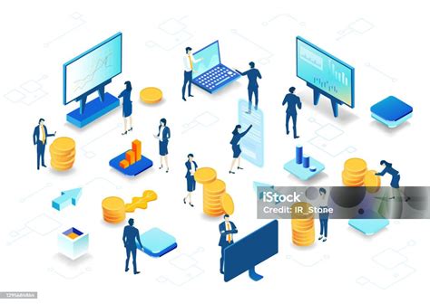 일하고 의사 소통하고 동전을 옮기고 계산하는 비즈니스 인력과 함께 Isometric 3d 비즈니스 환경 성공 인터넷 데이터 보호