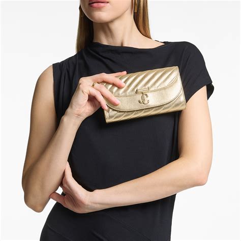 Avenue Curve Wallet Chain Shiny Gold Quilted Metallic Leather Clutch JIMMY CHOO