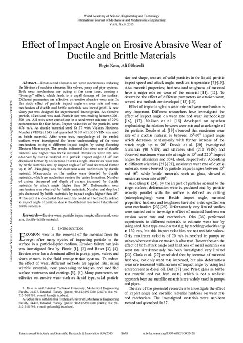 Pdf Effect Of Impact Angle On Erosive Abrasive Wear Of Ductile And Brittle Materials