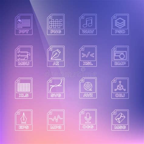 Set Line MSG File Document OBJ BMP WAV AI M U PPT And XSL Icon Vector Stock Vector
