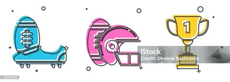 스파이크 미식 축구 공과 헬멧과 수상 컵 아이콘축구 또는 축구 신발을 설정합니다 벡터 1위에 대한 스톡 벡터 아트 및 기타 이미지 1위 Championship 경기장