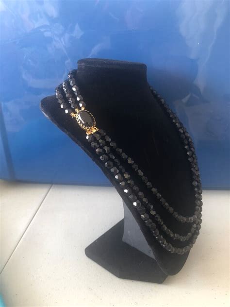 Vintage Black Glass Bead Triple Strand Necklace Gem