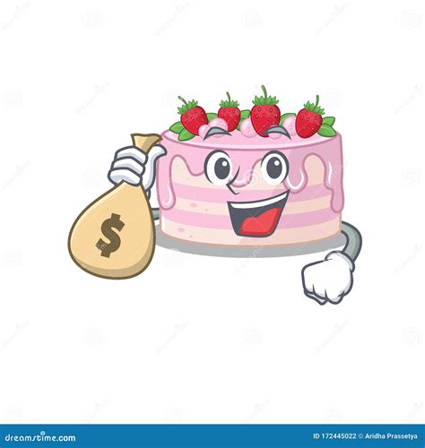 Rich And Famous Strawberry Cake Cartoon Character Holding Money Bag