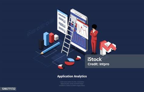 거대한 스마트 폰 근처 남성 문자 화면에 차트와 그래프 사다리와 주변 의 도표 응용 프로그램 분석의 만화 3d 스타일 비즈니스