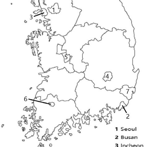 The Map Of Korea The Numbers Denote The Different Metropolitan Cities