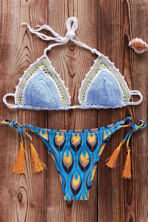 Printed Crocheted Bikini Set Azure Bikinis Crochet Bikini Set Hot Sex