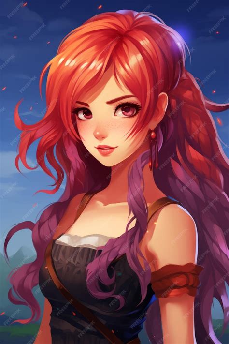 Premium Ai Image An Anime Girl With Long Red Hair And Purple Eyes