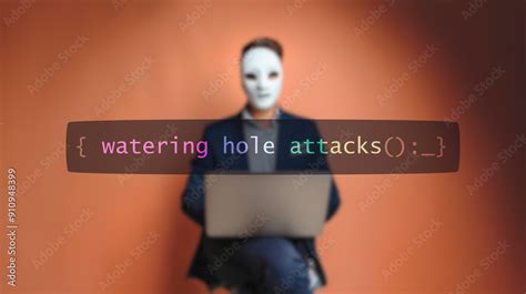 Cybersecurity Concept Watering Hole On Foreground Screen Hacker Silhouette Hidden With Low Poly