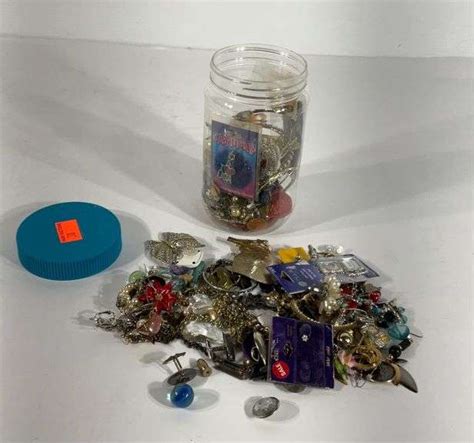 Jar Of Costume Jewelry Includes Pins Earrings Bracelets Necklaces