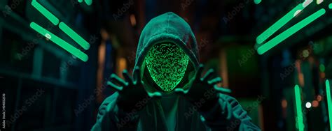 Anonymous Hacker With A Glowing Digital Face Made Of Binary Code Reaching Out With Hands In A