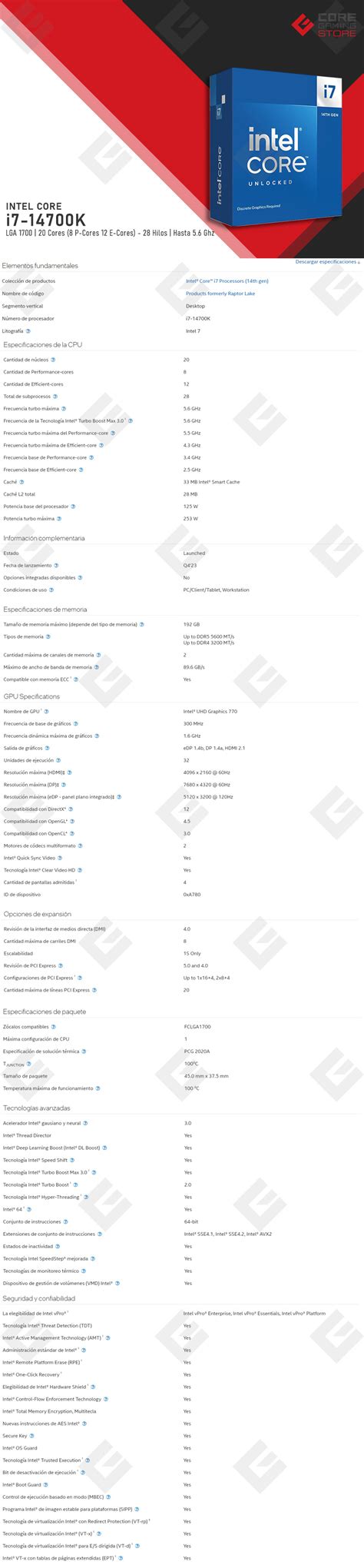 Procesador Intel Core I7 14700k 20 Cores 8 Performance Cores 12