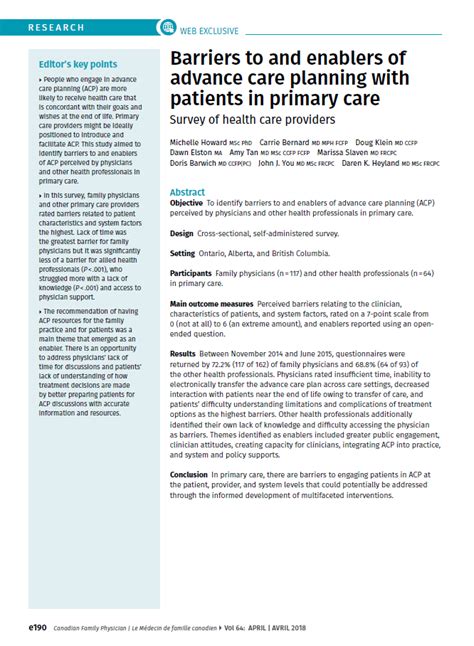 Barriers To And Enablers Of Advance Care Planning With Patients In
