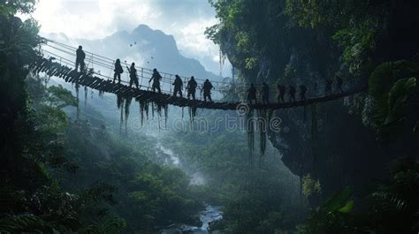 Group Of Adventurers Crossing A Suspension Bridge In A Dense Jungle