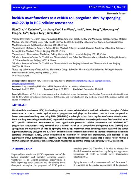 PDF LncRNA Miat Functions As A CeRNA To Upregulate Sirt1 By Sponging