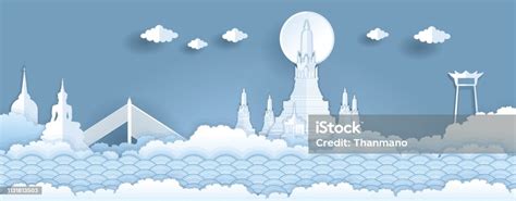 파노라마 종이 아트 스타일의 벡터 와트 아 룬 유명한 랜드마크 방콕 태국 여행 디자인 컨셉 일러스트 Association Of Southeast Asian Nations에