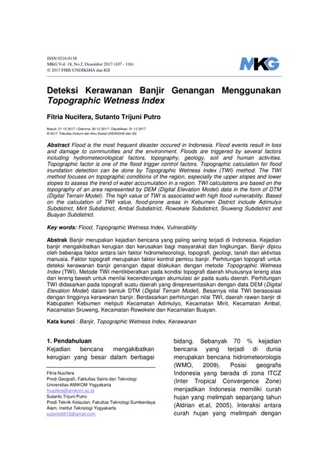 PDF Deteksi Kerawanan Banjir Genangan Menggunakan Topographic Wetness Index TWI