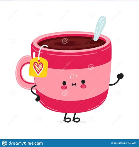 Cute Funny Pink Cup Of Tea Waving Hand Character Vector Hand Drawn