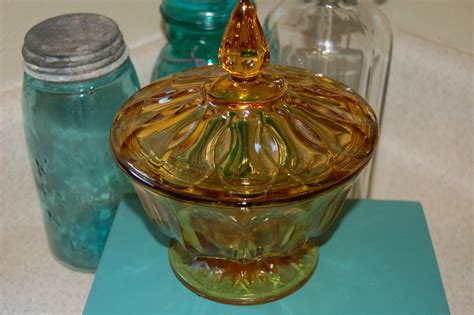 Vintage Compote Amber Glass Candy Dish With Lid