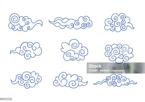 벡터 중국어 구름 설정 아이콘 컬렉션 흰색 배경에 고립 푸른 색 0명에 대한 스톡 벡터 아트 및 기타 이미지 0명 낙서 드로잉 날씨 Istock
