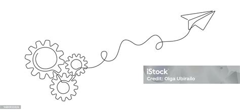 기어 바퀴 및 종이 비행기를 하나의 연속적인 선 그리기 단순한 선형 스타일의 기계 톱니바퀴 새로운 아이디어 비즈니스 팀워크와
