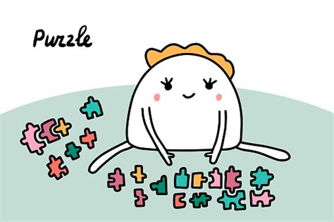 퍼즐 손 바닥에 조각을 수집 만화 남자와 그려진 된 벡터 일러스트 레이 션 가득 찬에 대한 스톡 벡터 아트 및 기타 이미지