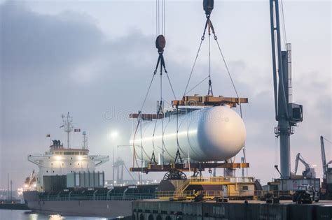Hydrogen Tank Loading Onto Ship For Sustainable Energy Stock
